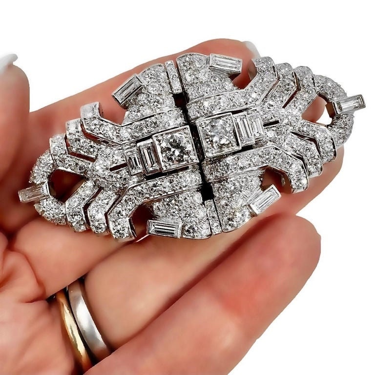 Platinum Art-deco Double Dress Clips With Approximately 10ct of Fine ...