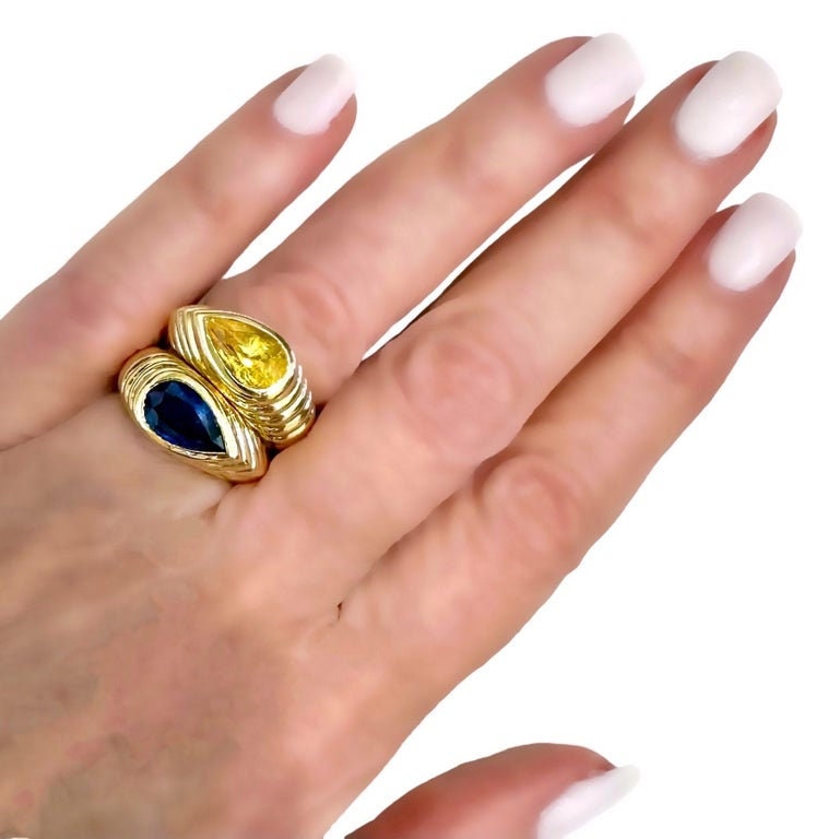 Pair of Fluted Gold Rings With Pear Shaped Blue and Yellow - Etsy