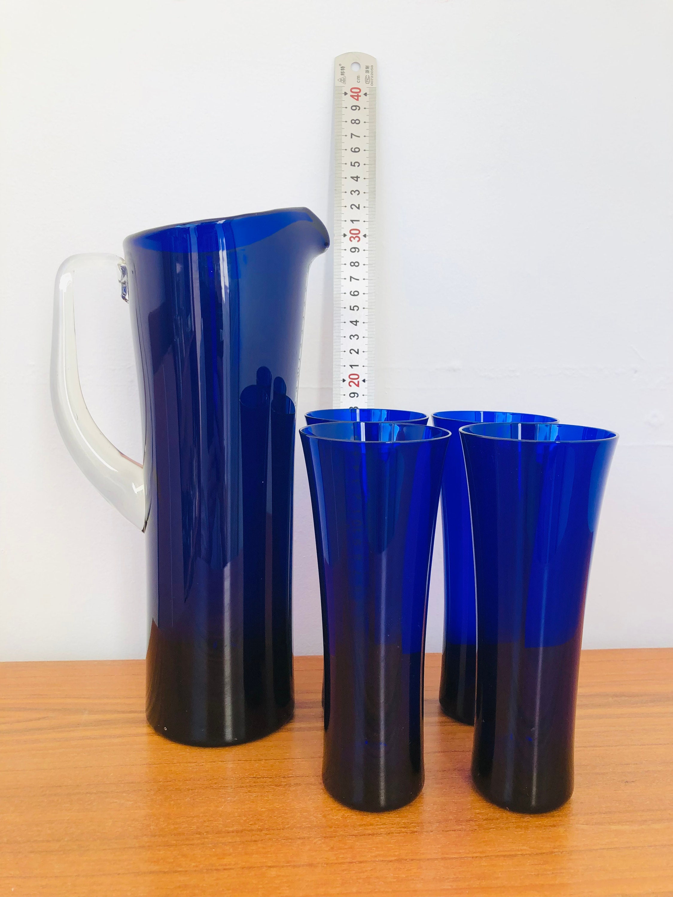 Hand Blown Cobalt Blue Tall Glass Water Lemonade Martini Pitcher Jug ...