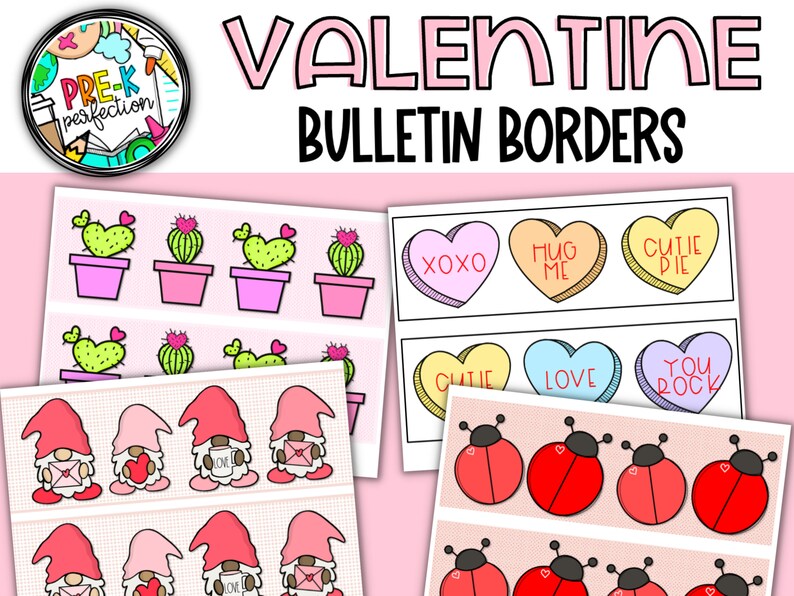 Valentine's Day Bulletin Borders: Gnome, Hearts, Cactus (digital ...