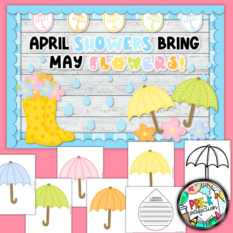 Spring Showers Bulletin Board Kit: Umbrellas & Raindrops (digital ...