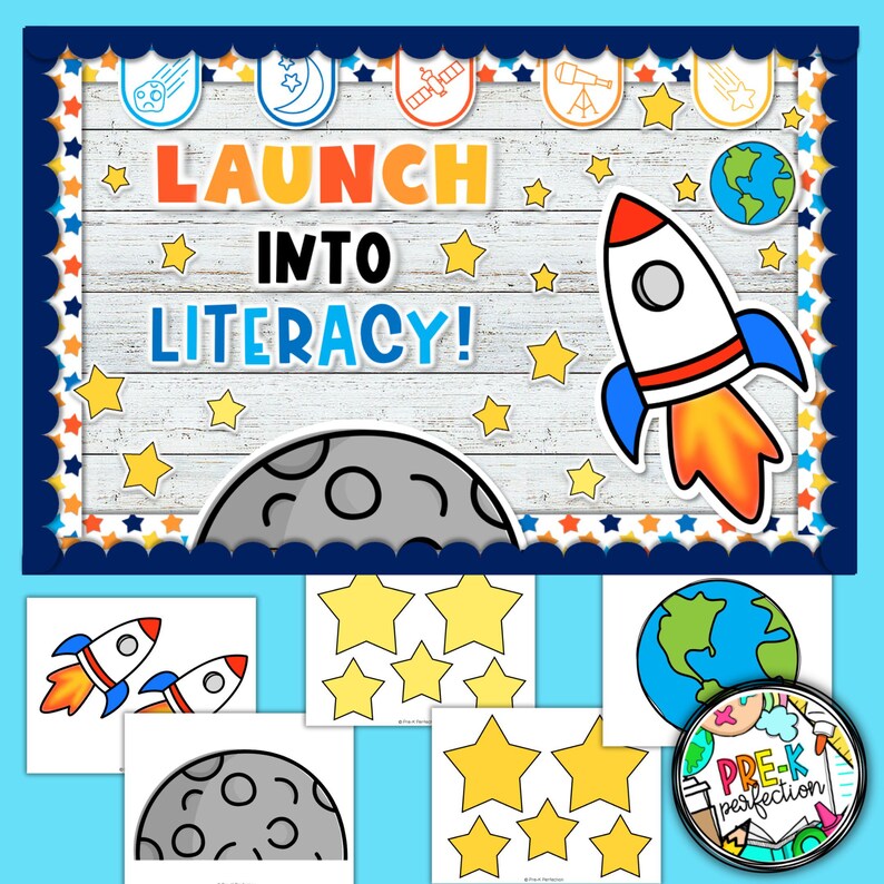 Rocket Ship Bulletin Board: Math & Literacy Outer Space Decor (digital ...