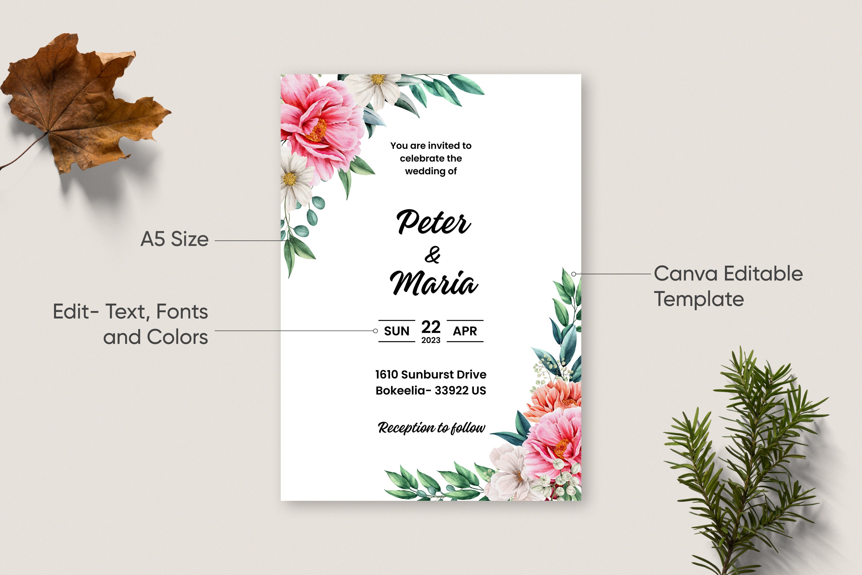 Floral Wedding Invitation Canva Template Digital Canva Template - Etsy