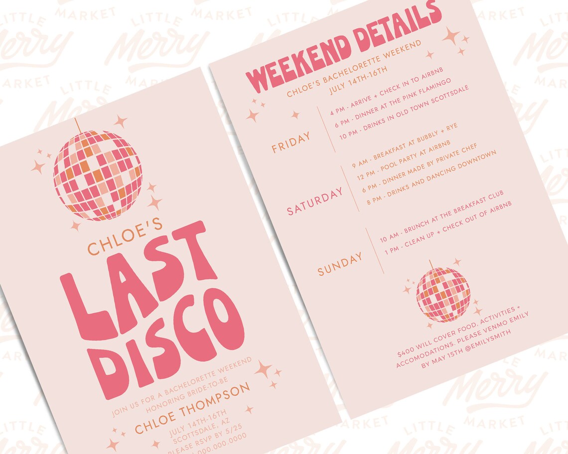 Last Disco Bachelorette Party Invitation, Bachelorette Weekend ...