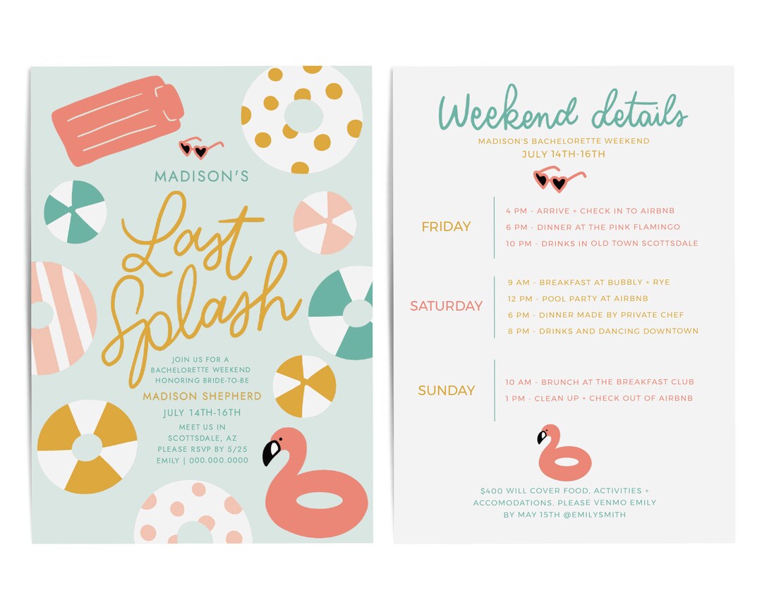 Last Splash Bachelorette Party Invitation, Bachelorette Weekend ...