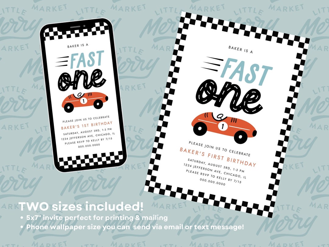 Fast ONE First Birthday Invitation Template Racecar Themed First ...