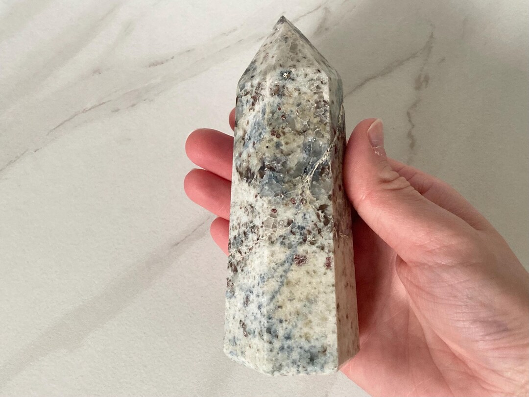 Sky Quartz Tower, Blue Quartz & Garnet, Obelisk Point Carving, Natural ...