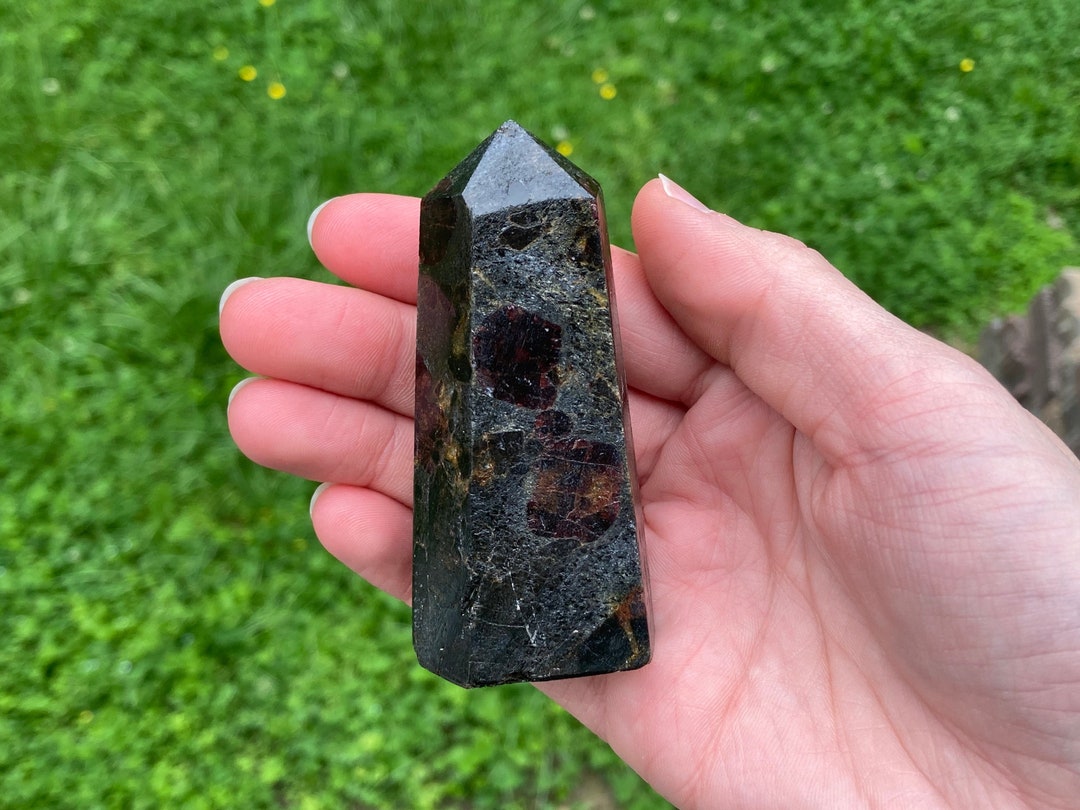 Garnet & Staurolite on Schist Tower, Rare Red Black Stone, Carved ...