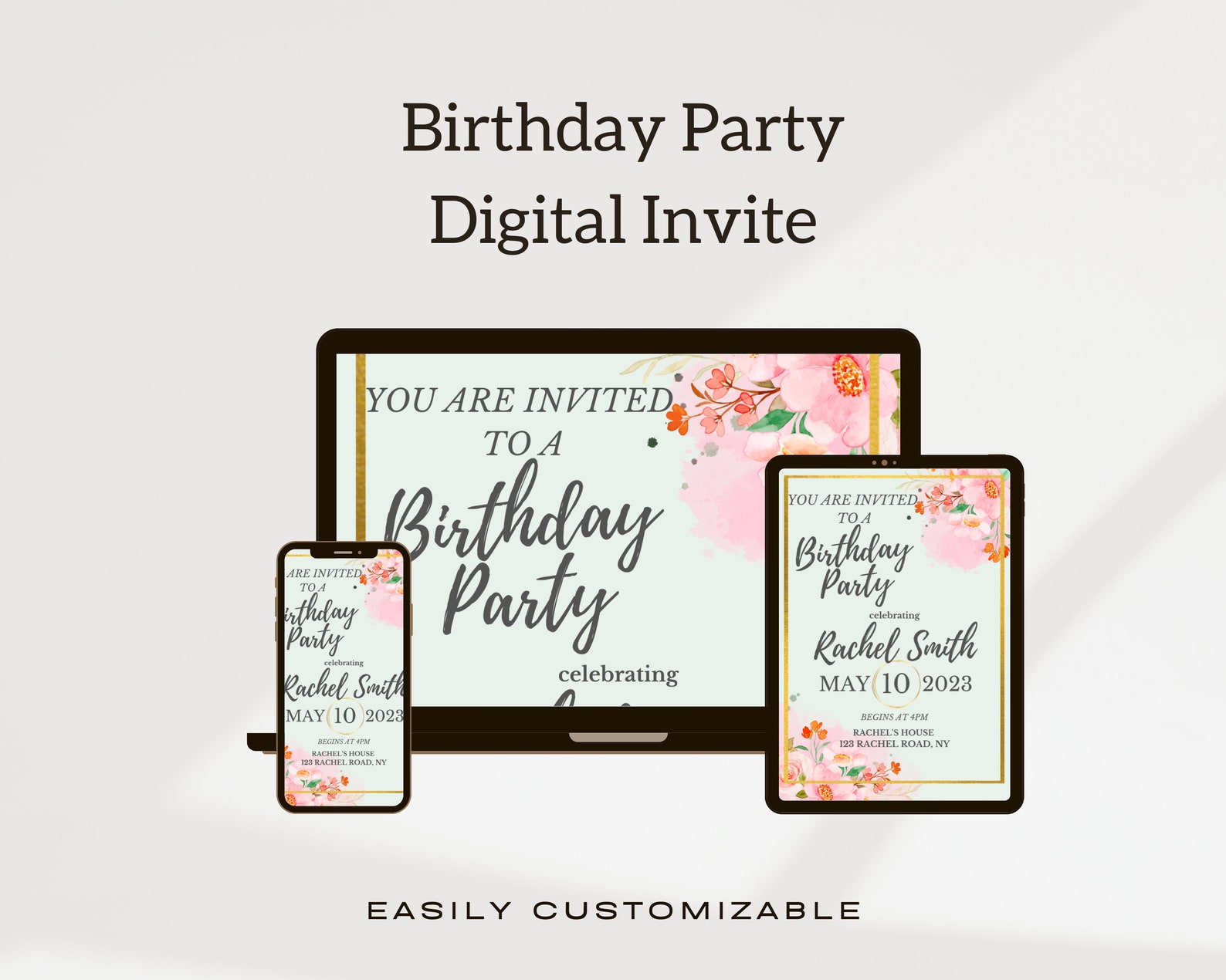 Customizable Floral Cute Birthday Party Invitation Template | Digital ...