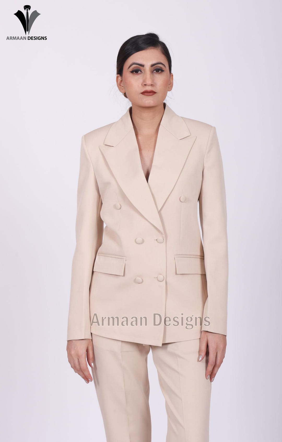 Women Beige Double Breasted Suit, Women Beige Suit, Party Wear Suit ...