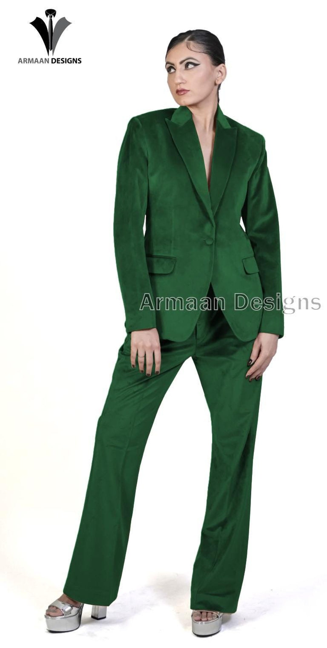 Parrot Green Velvet Two-piece Suit for Women Elegant Blazer and Pants ...