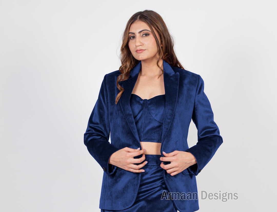 Royal Blue Velvet Suit Set Elegant Three-piece Blazer, Bustier Skirt ...