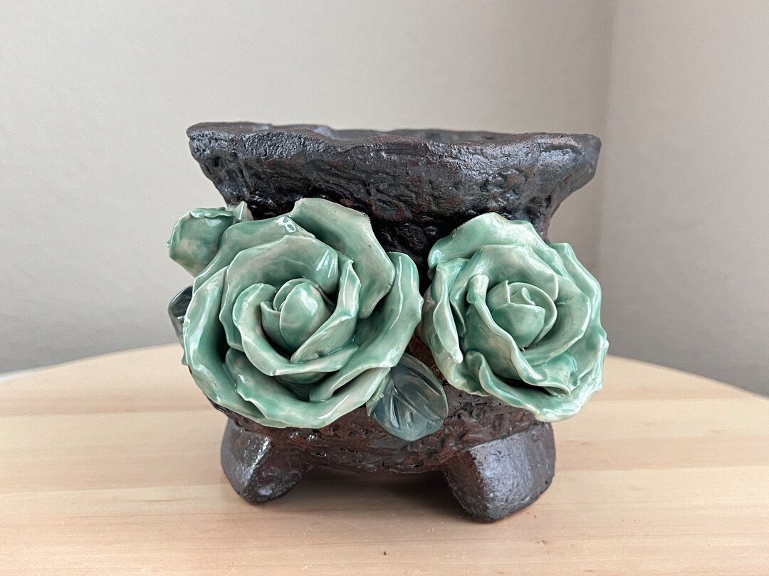 Hand Pinched Ceramic Flower Pot: Succulent Planter With Rose Detail - Etsy