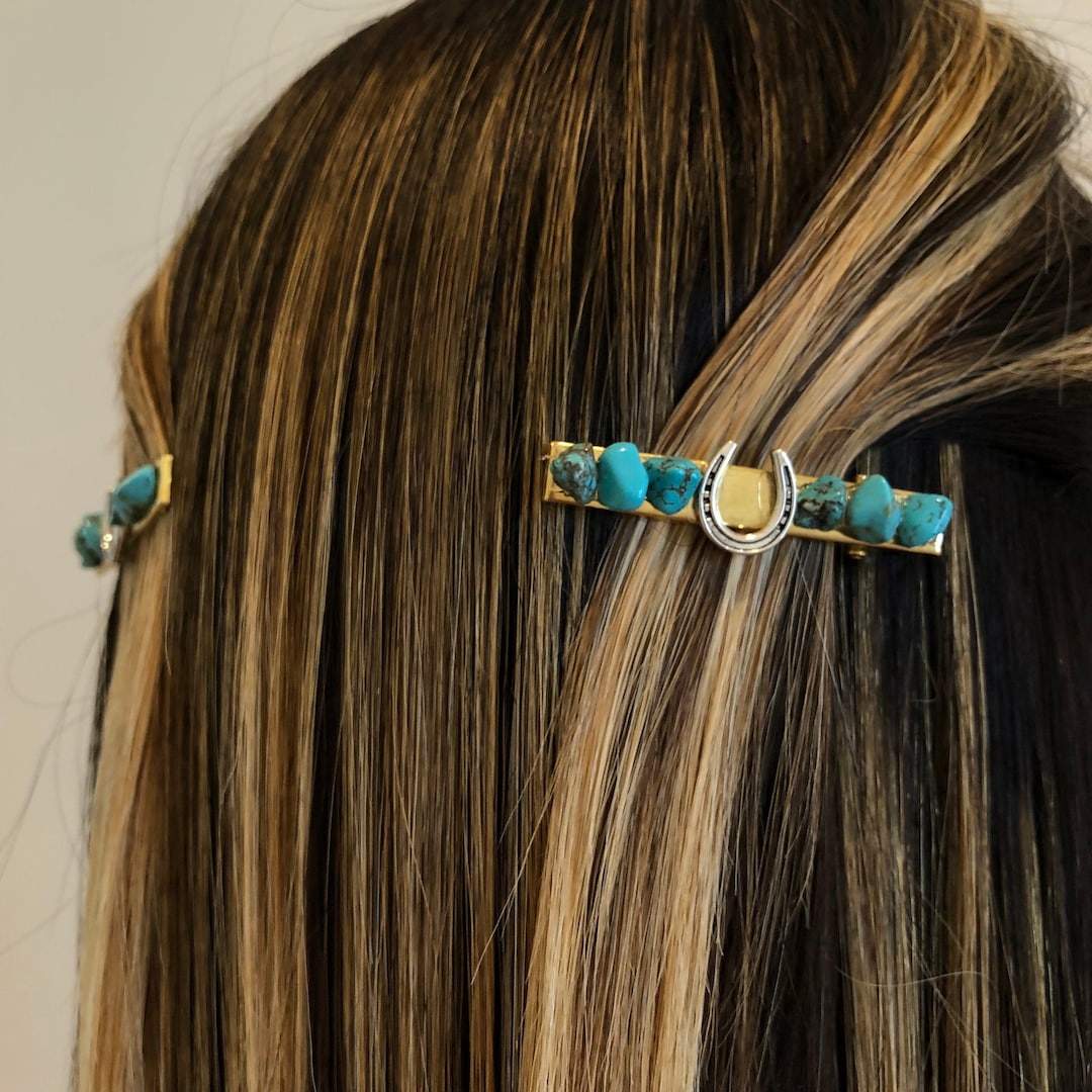 Lucky Horseshoe and Turquoise Handmade Hair Clip Barrettes, Cowgirl ...
