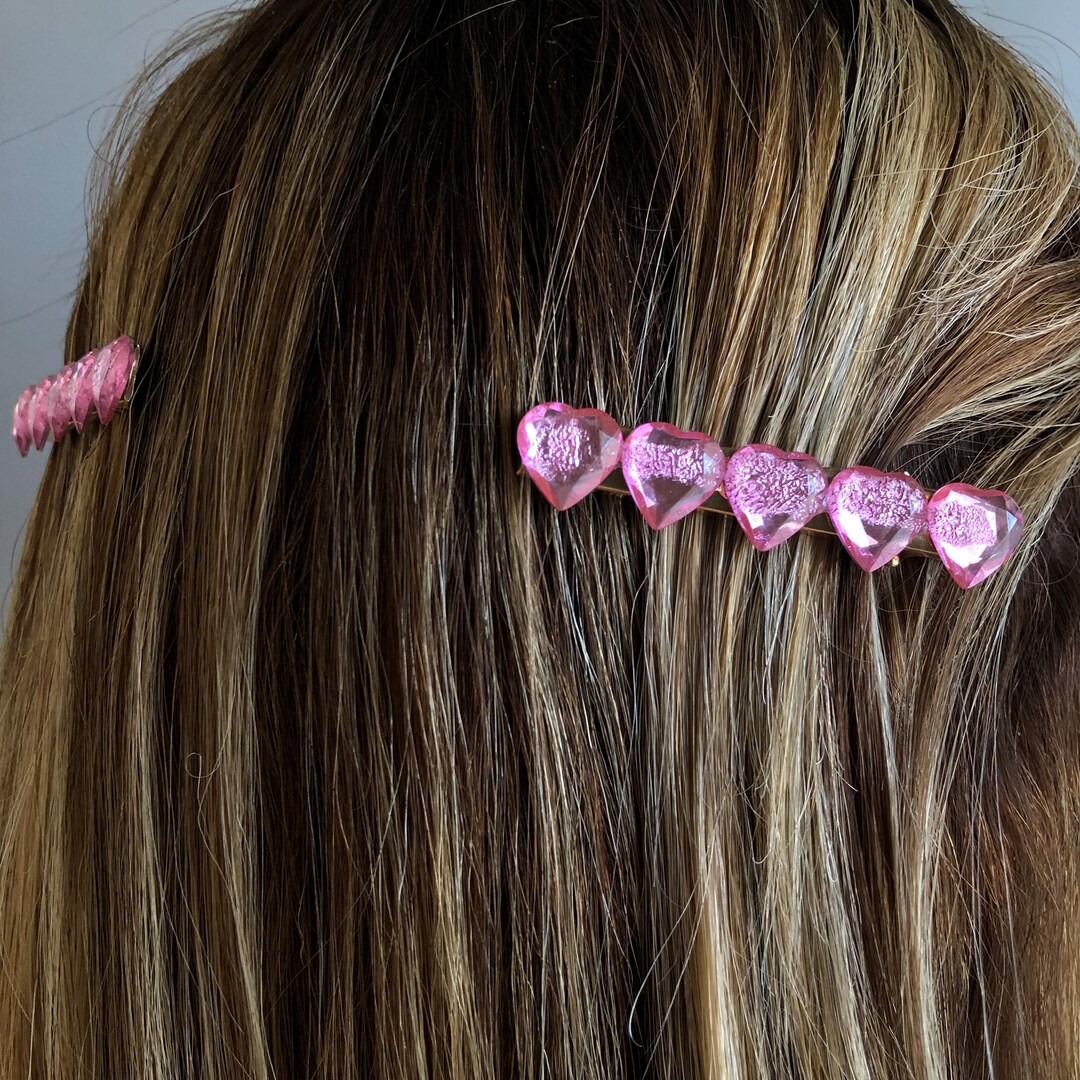 Handmade Pink Rhinestone Heart Hair Clips: Valentine Barrette Set - Etsy