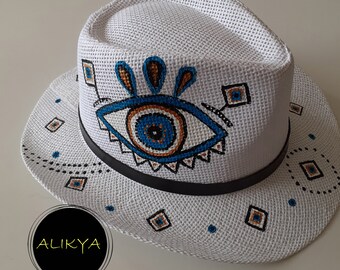 Hand Painted Blue Evil Eye Hat-colorful Panama Hats-traditional Mexican ...