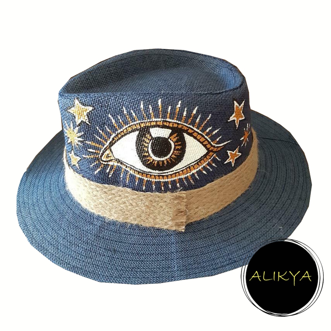 Hand Painted Blue Evil Eye Hat-colorful Panama Hats-traditional Mexican ...