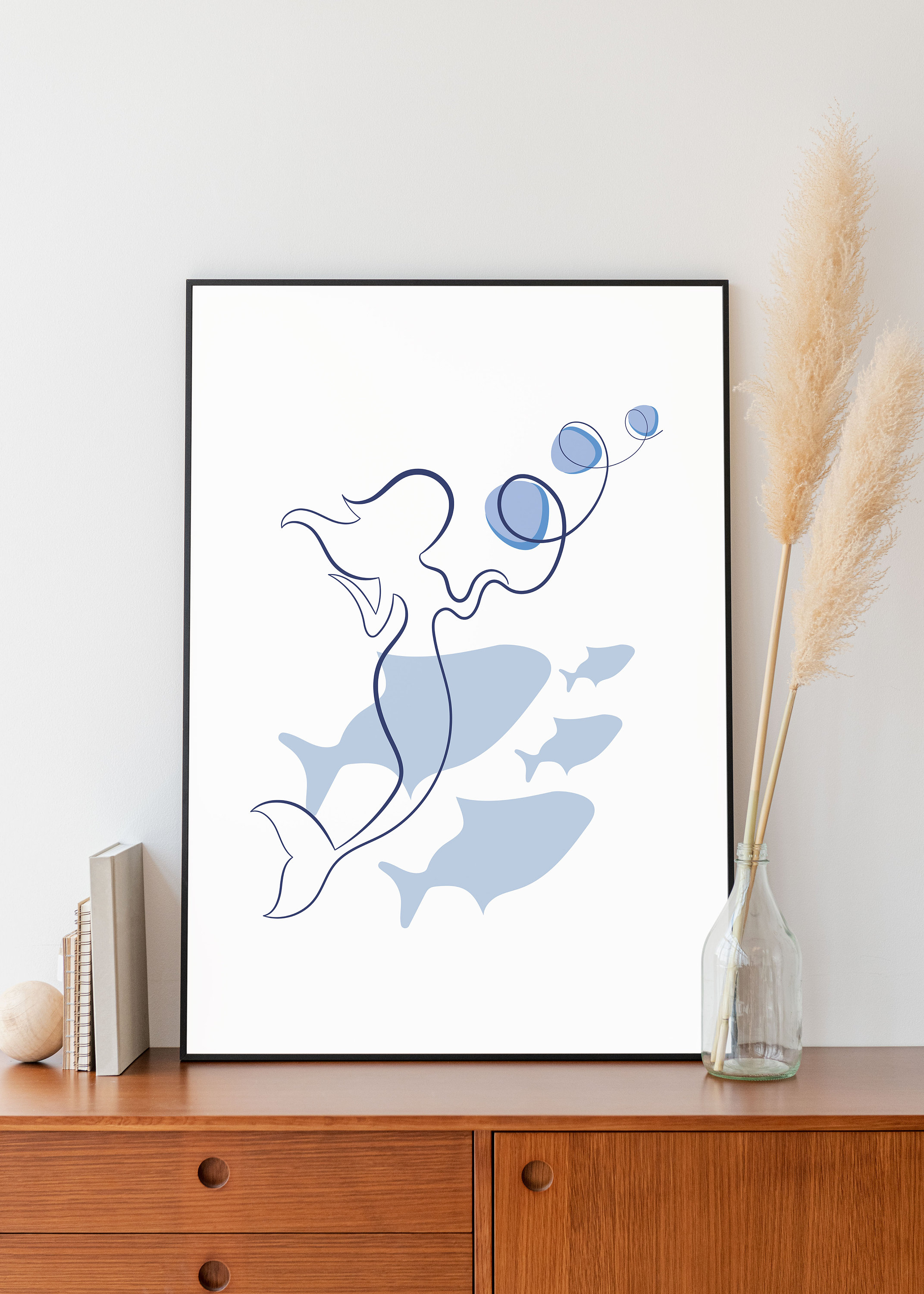 Mermaid Bubbles Fish Wall Art,one Line Drawing,under the Sea Mermaid ...