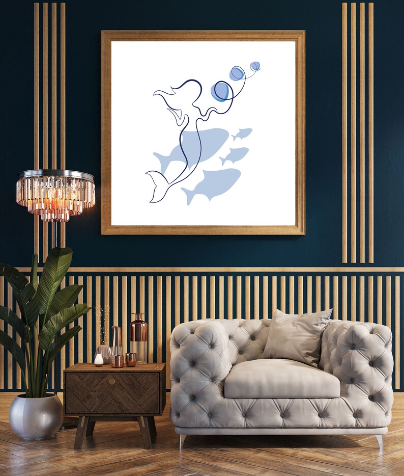 Mermaid Bubbles Fish Wall Art,one Line Drawing,under the Sea Mermaid ...