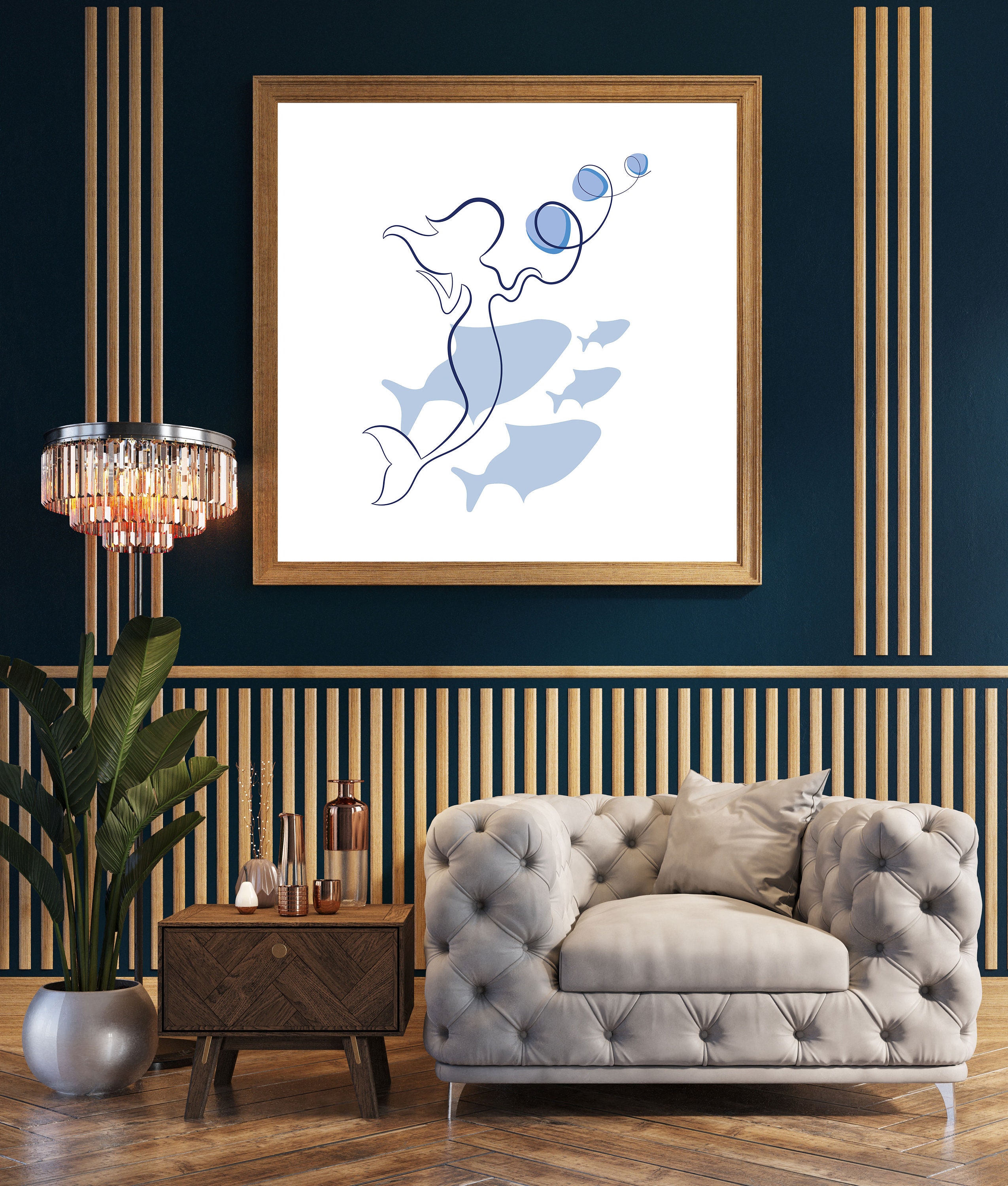 Mermaid Bubbles Fish Wall Art,one Line Drawing,under the Sea Mermaid ...