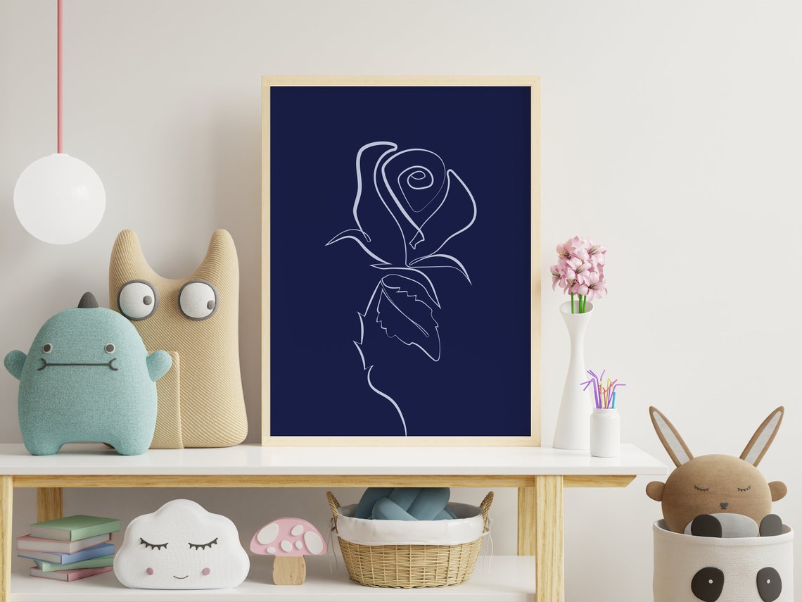 Rose Line Drawingblue Wall Artone Line Drawingone Line Rose - Etsy