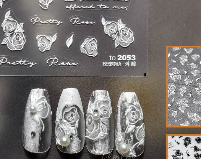 Nail Decals/ Nail Stickers White Roses 3D Embossing Nail Art DIY Nails ...