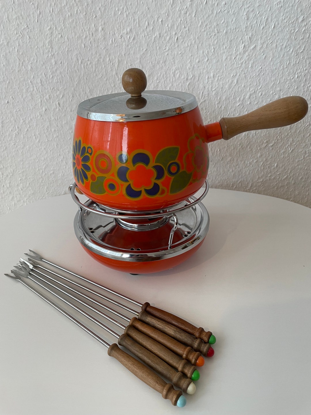 Vintage Enamel and Wood Fondue Set 1970's - Etsy