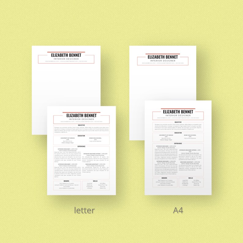 Elizabeth Bennet Cv/resume Letterhead Templates indesign ONLY A4 and US ...