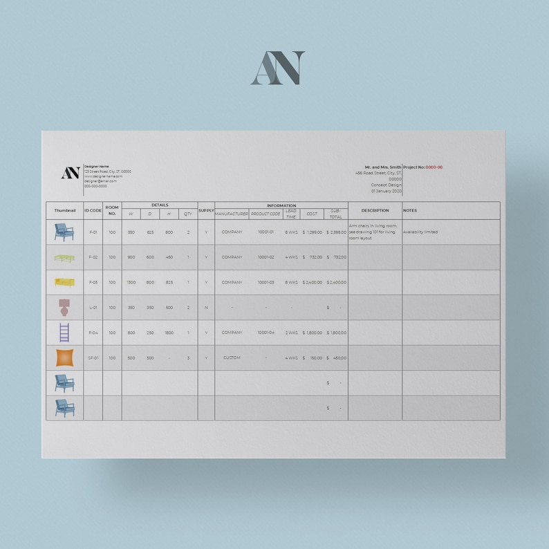 FF&E and Finishes Schedules | Spreadsheets Template - Etsy