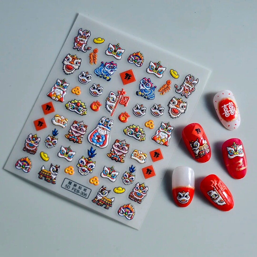3D Lunat New Year Chinese Dancing Dragons Nail Stickers - Free Gifts ...