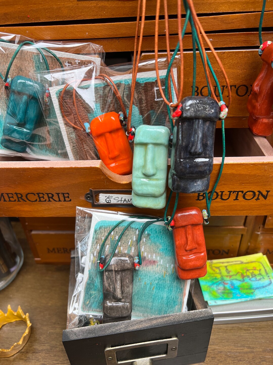 Akamu - Primitive Handmade Clay Moai Tiki Pendant W/ Adjustable Leather ...