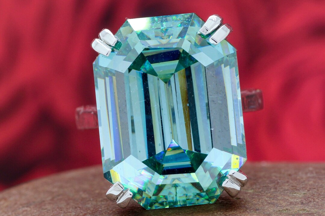 26 CT Emerald Cut Cyan Blue Moissanite Ring: 14K White Gold Anniversary ...