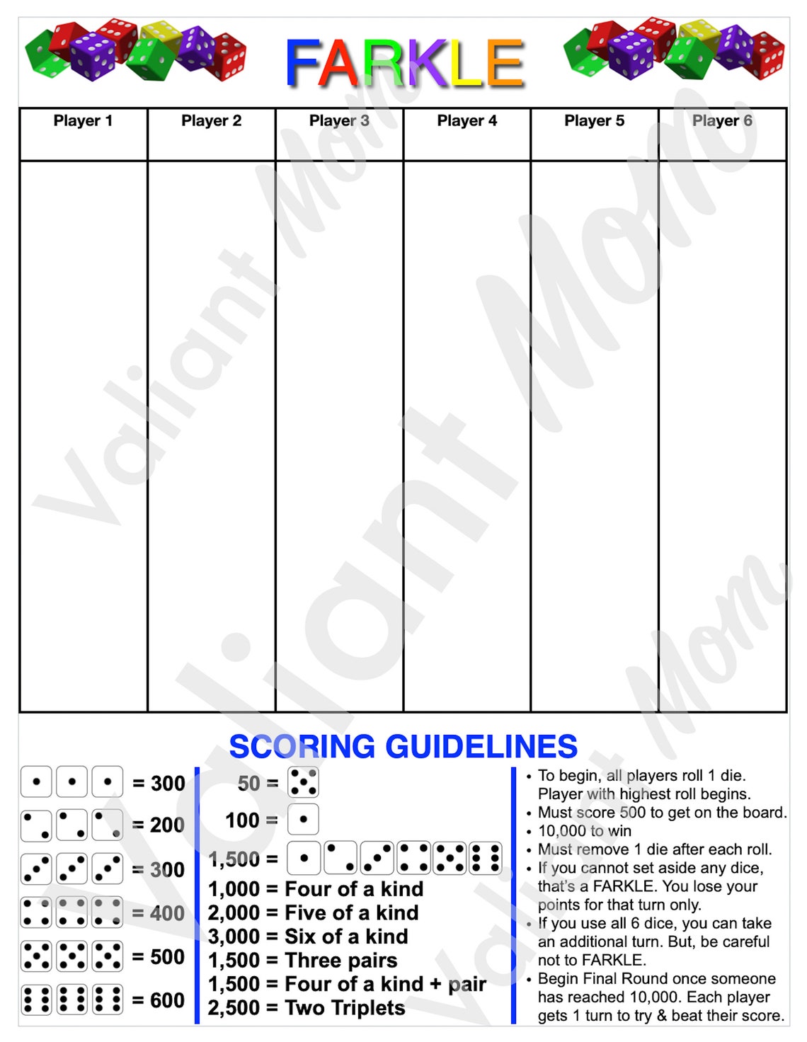 Farkle Score Card/sheet - Printable/digital Download - Etsy