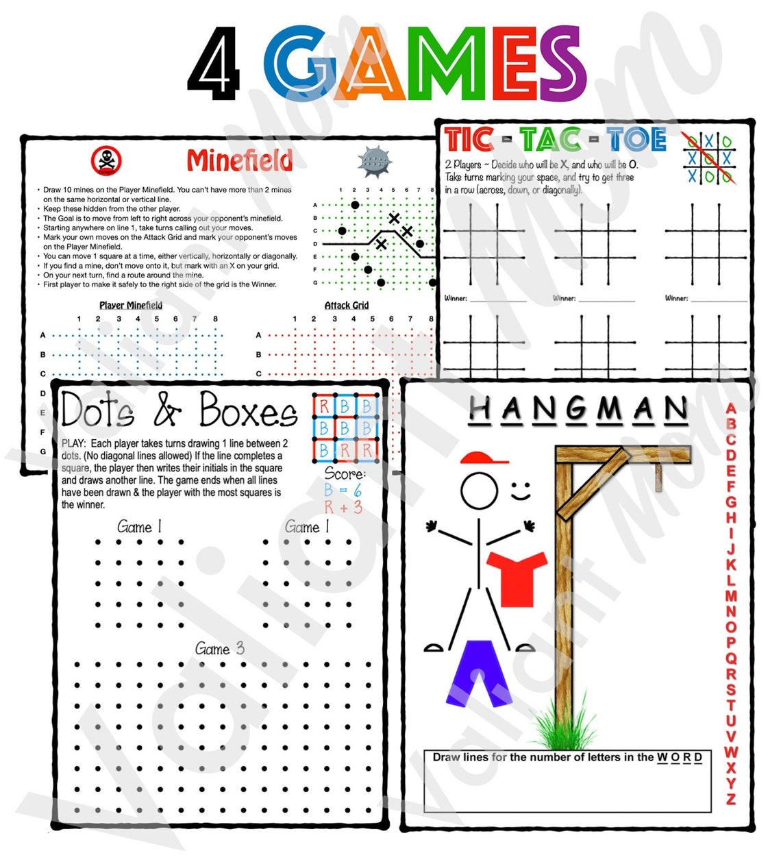 4 Pencil Paper Games - Printable/digital Download - Etsy