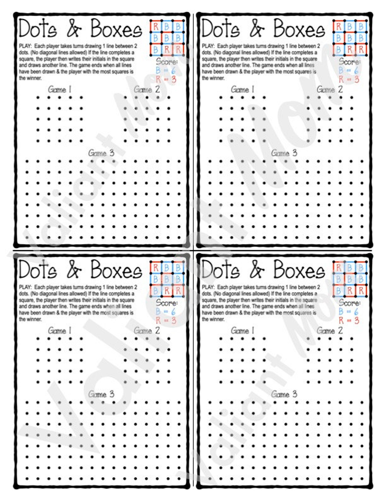 Dots and Boxes Game - Printable/digital Download for Kids & Road Trip ...
