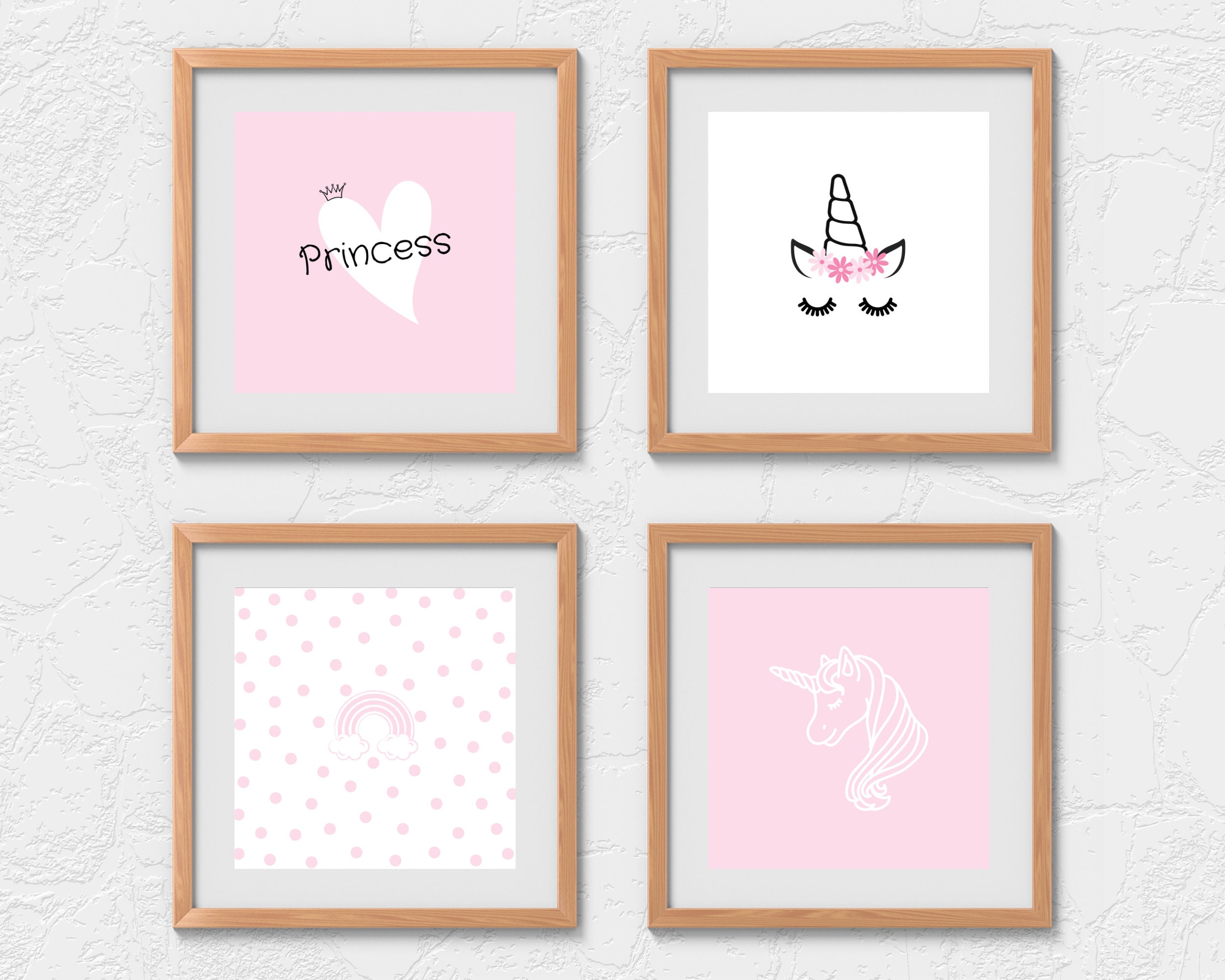 Printable Princess Unicorn Rainbow Set of 4 Nursery Art Prints, Girl ...