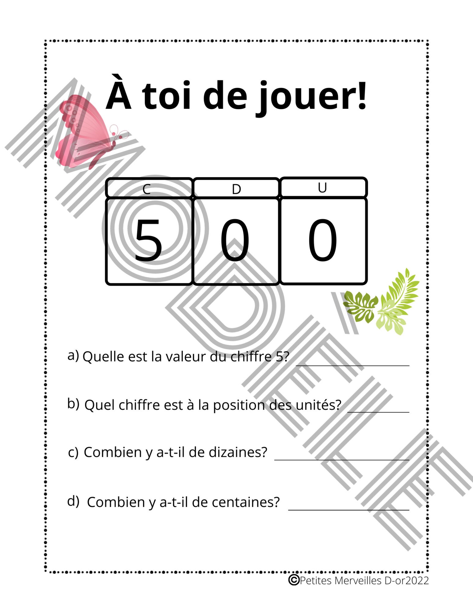 Workbook 1st Cycle Printable in French Value and Position of Numbers ...