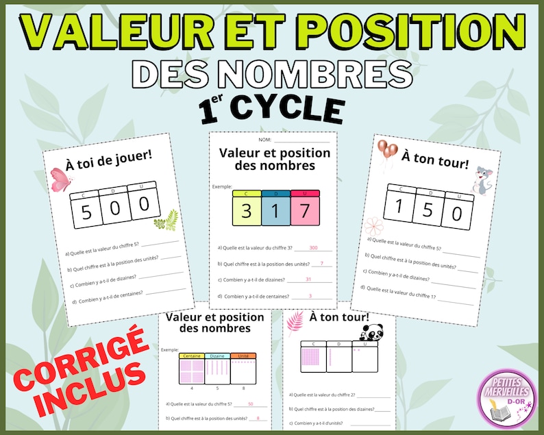 Workbook 1st Cycle Printable in French Value and Position of Numbers ...
