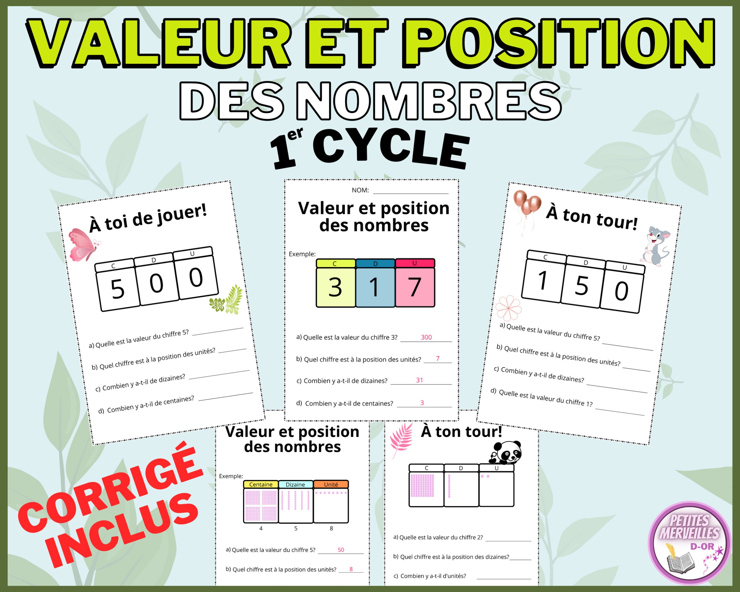 Workbook 1st Cycle Printable in French Value and Position of Numbers ...