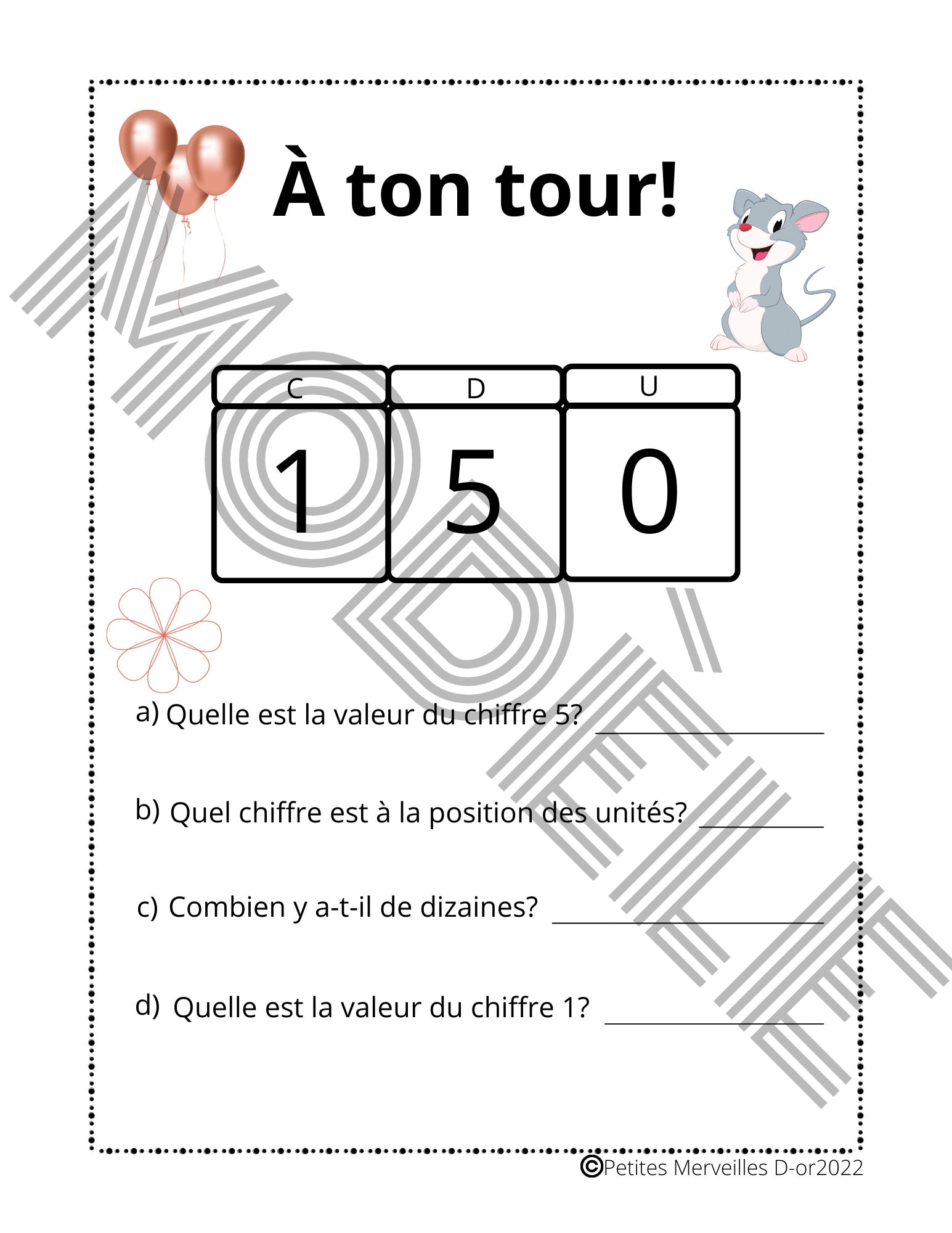 Workbook 1st Cycle Printable in French Value and Position of Numbers ...