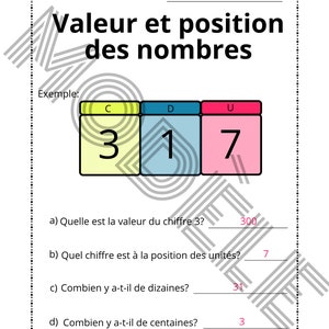 Workbook 1st Cycle Printable in French Value and Position of Numbers ...