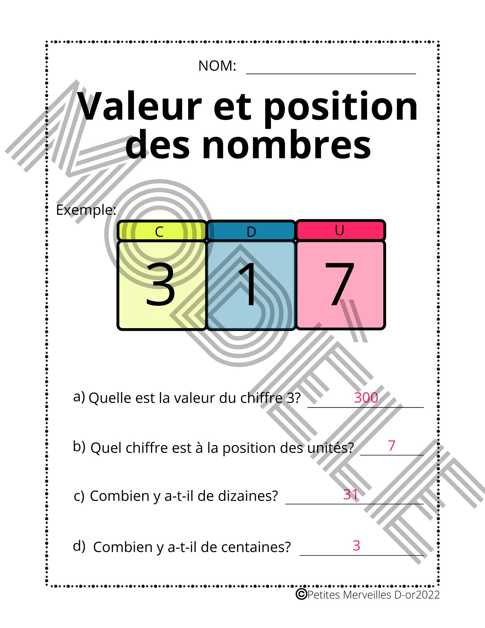 Workbook 1st Cycle Printable in French Value and Position of Numbers ...