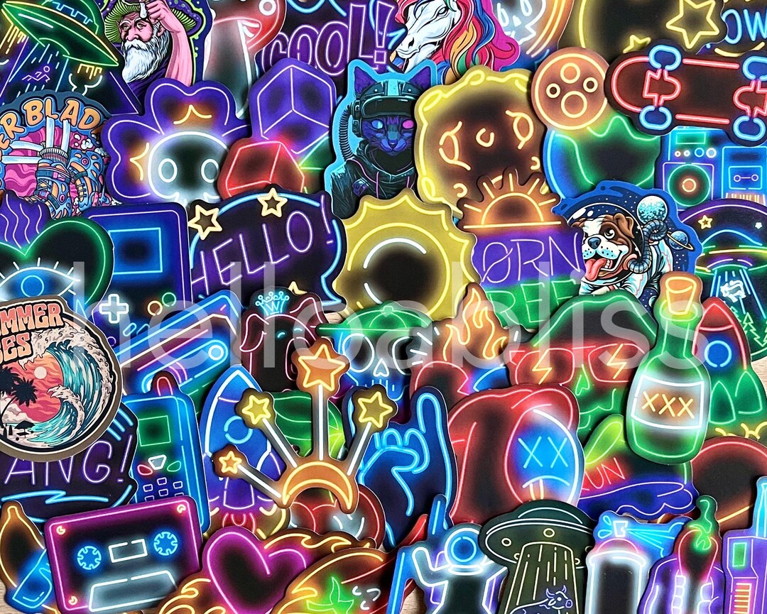 Pack of 50 Cool Neon Lights Die Cut VSCO Stickers Bright Colourful ...