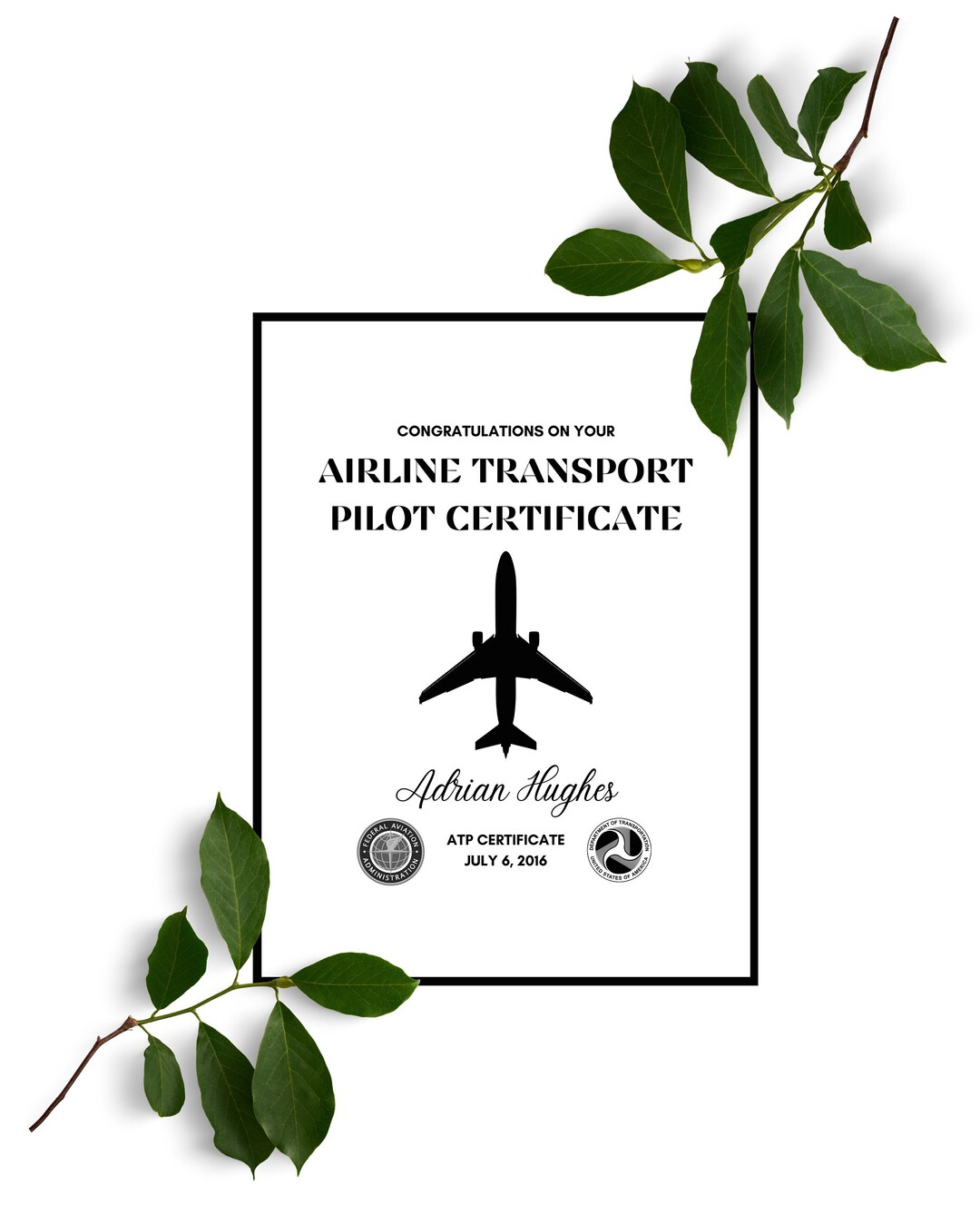 Airline Transport Pilot Certificate Milestone ATP, Customizable Gift ...