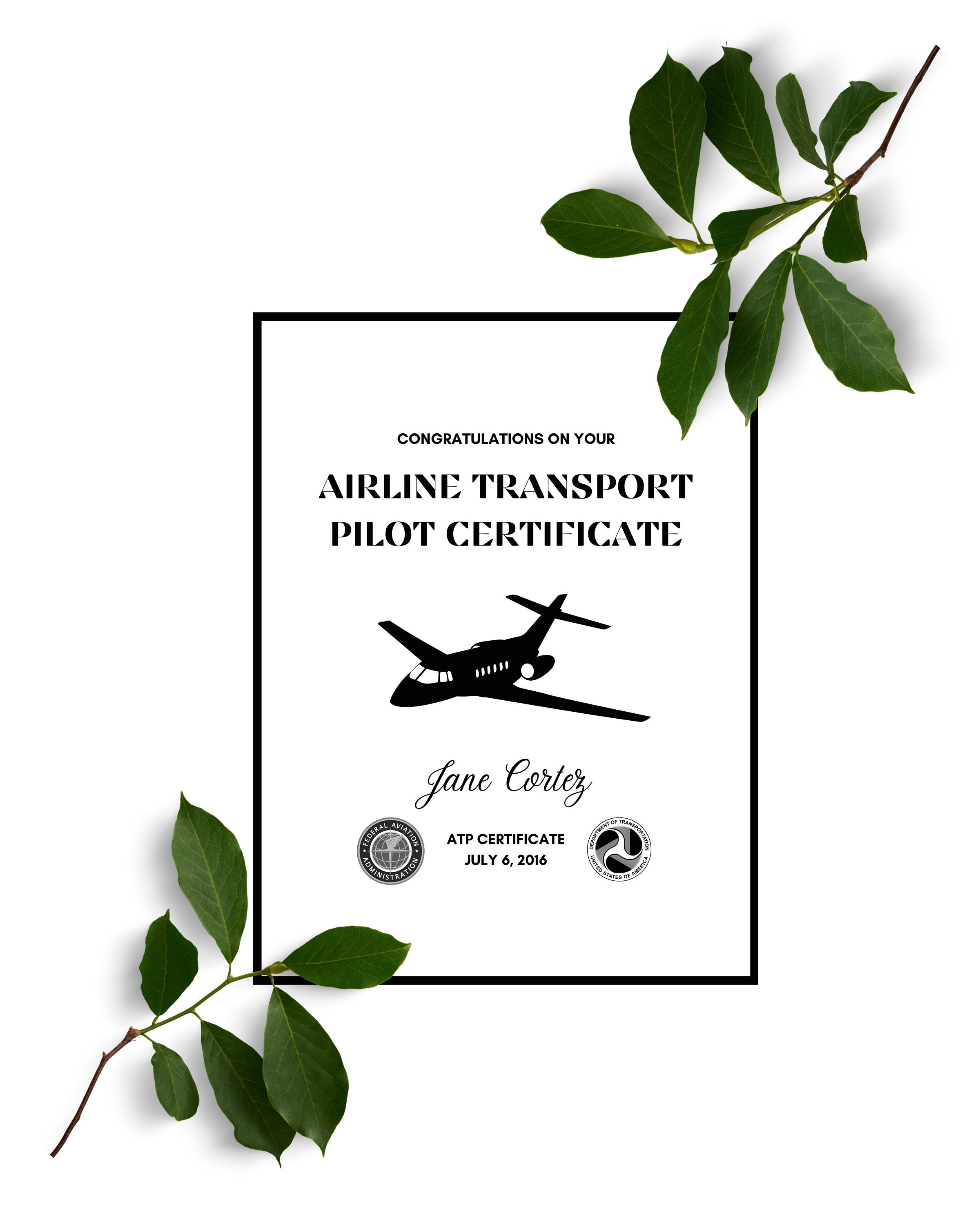 Airline Transport Pilot Certificate Milestone ATP, Customizable Gift ...