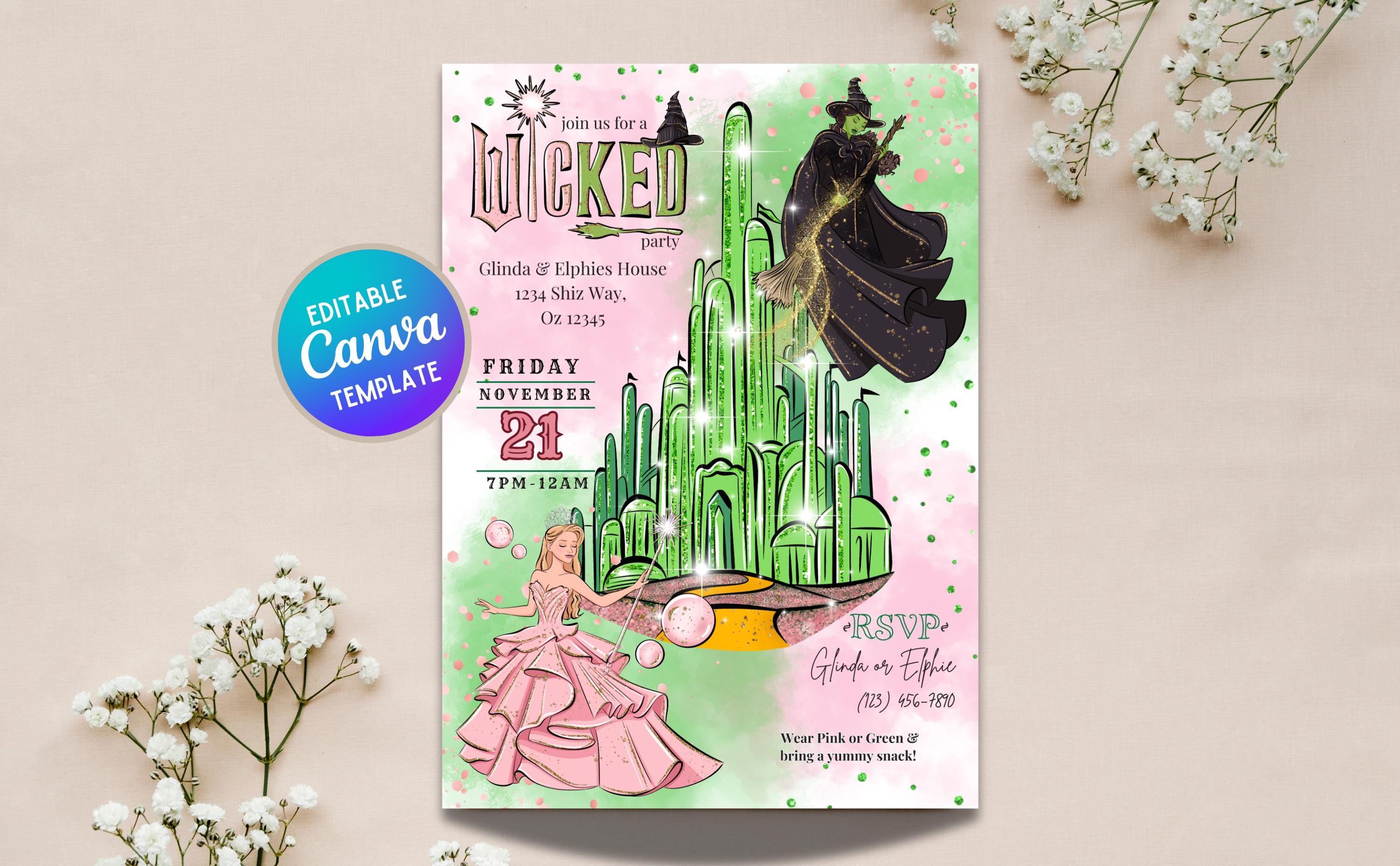 Wicked Movie Birthday Party Invitation: Personalize Editable Canva ...