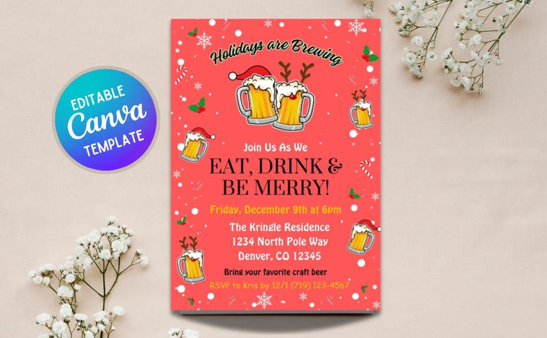 Funny Beer Christmas Party Invitation | Eat Drink Be Merry, Editable ...