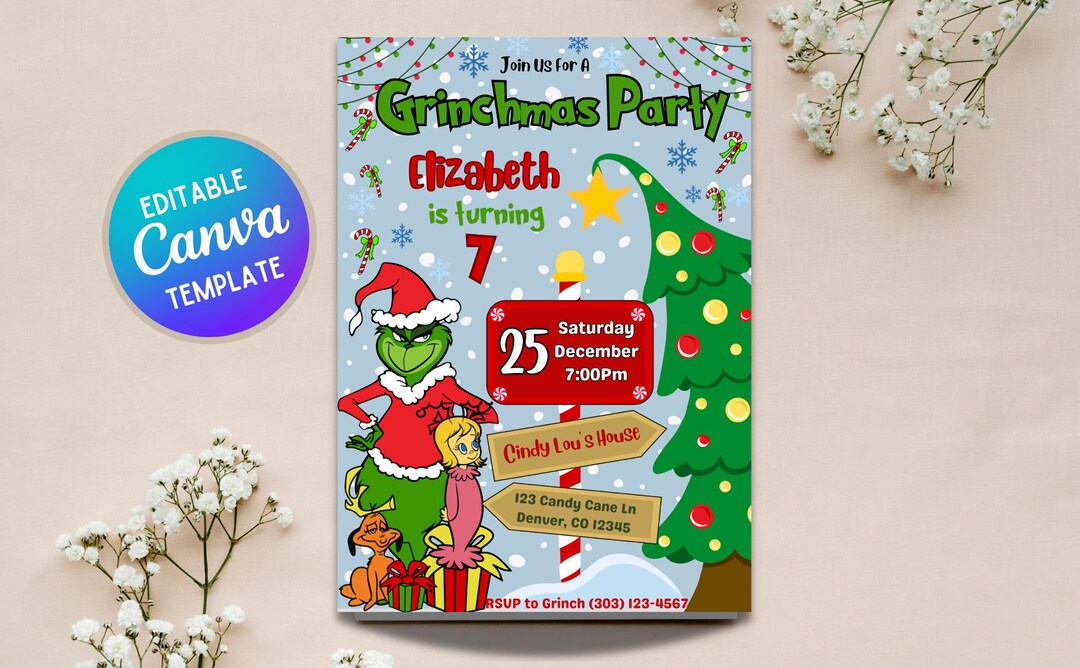 Editable Grinchmas Birthday Invitation Christmas Child Kid Birthday ...
