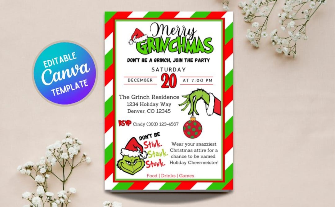 Grinchmas Friends Christmas Party Invitation: Editable Canva Template ...