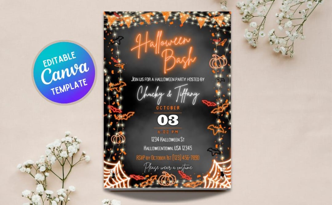 Neon Halloween Bash Party Invite | Personalize Canva Editable ...
